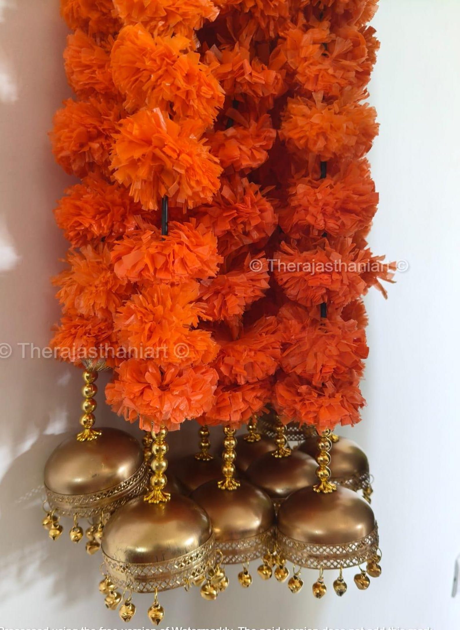 Bright Orange Marigold Flower Garland With Golden Jhumka Bells, Wedding ...