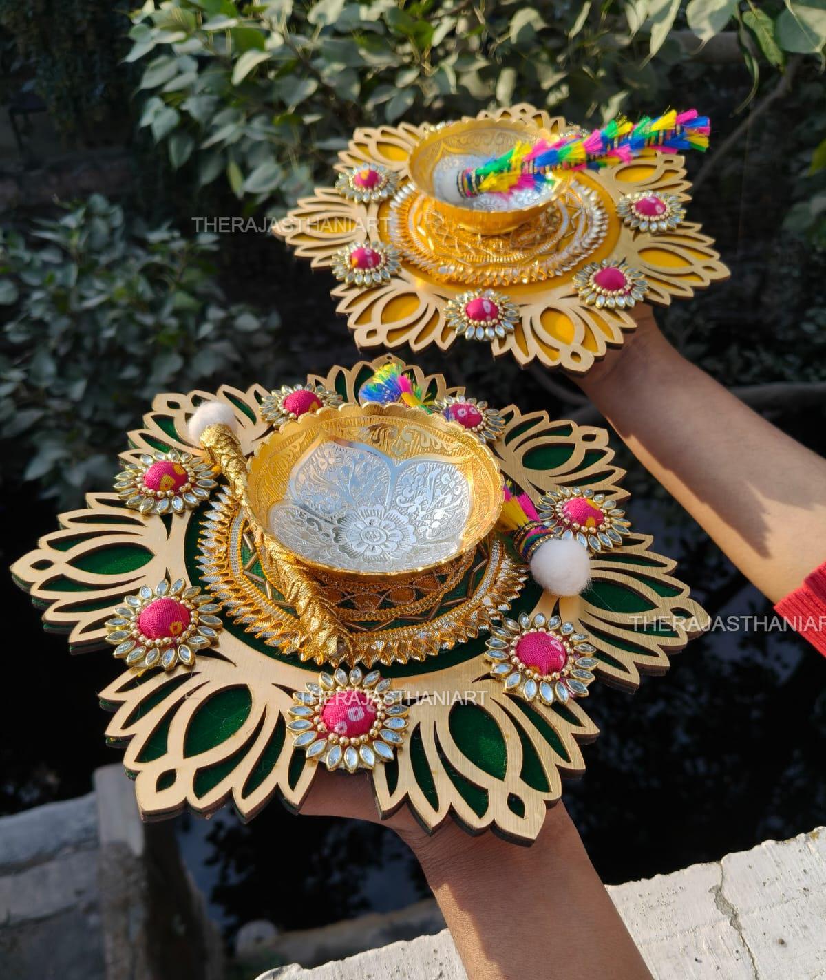 Combo of Haldi,mehndi Thali, MDF Wood Plate With Applicator, Pooja ...