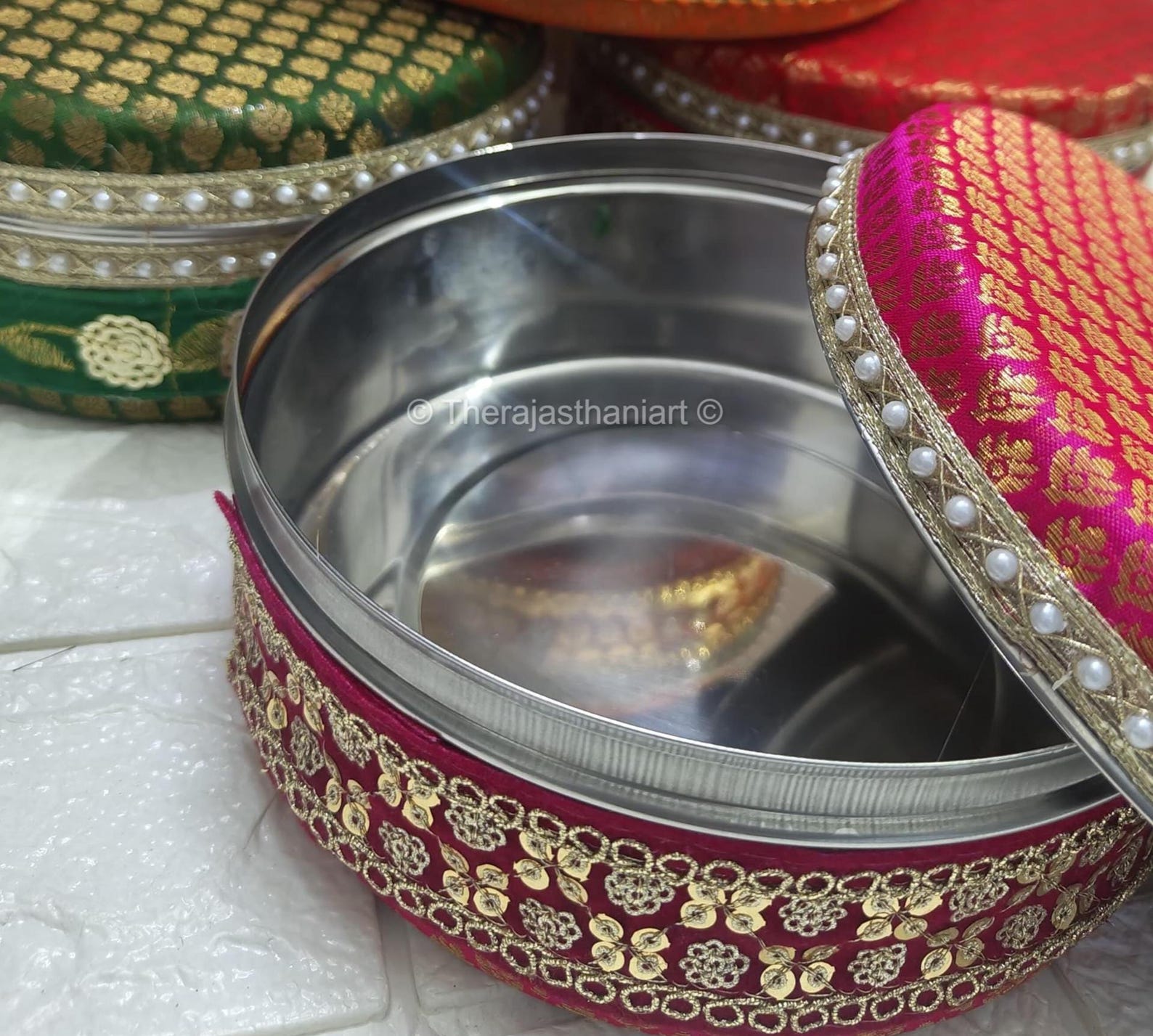 Decorative Stainless Steel Ladoo Boxes, Brocade Thamboolam ...