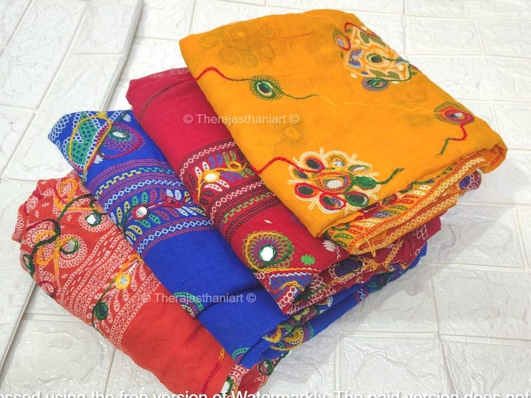 Phulkari Dupatta With Mirror & Foil Work | Hand Embroidered Cotton ...