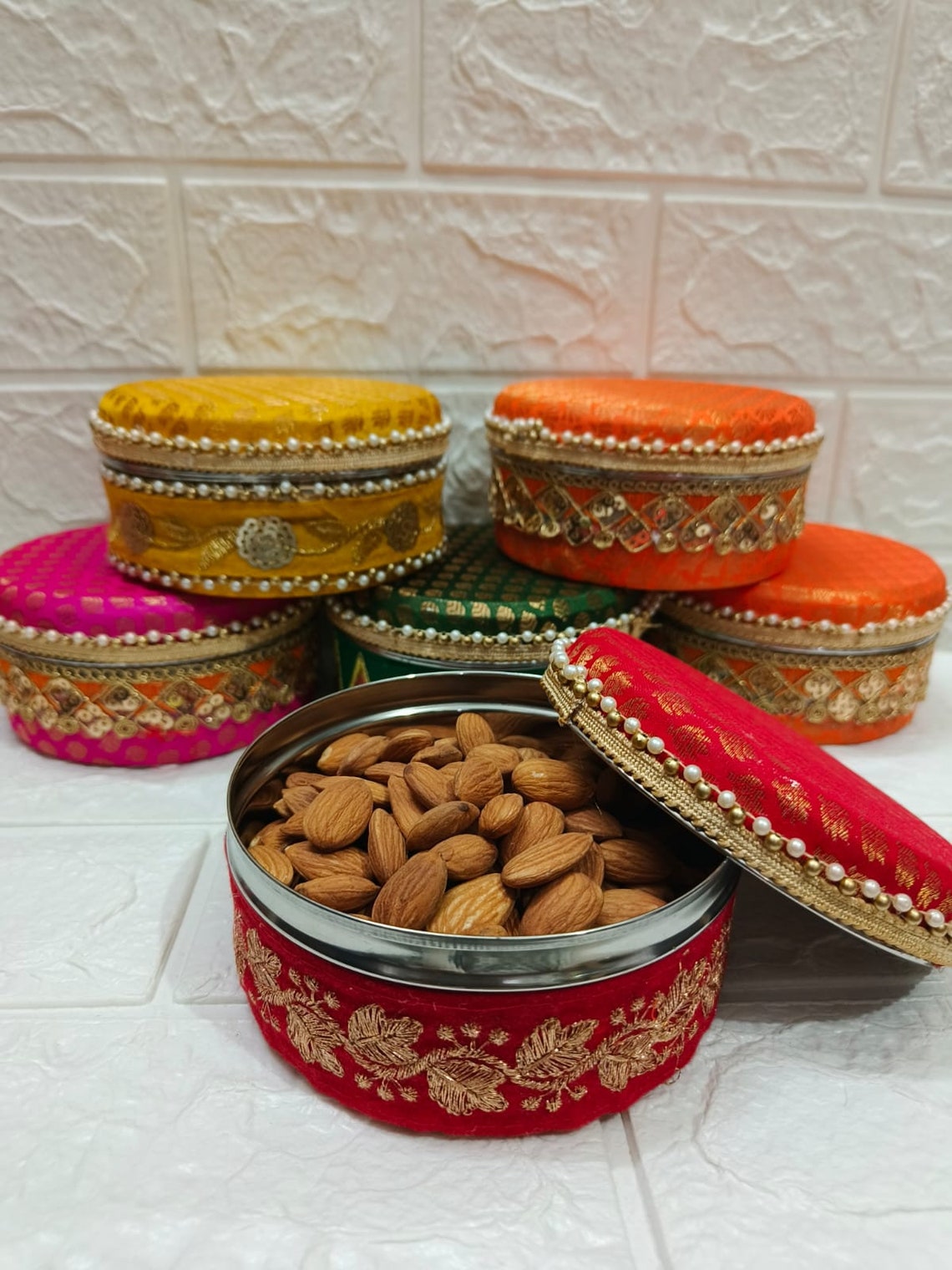 Decorative Stainless Steel Ladoo Boxes, Brocade Thamboolam ...