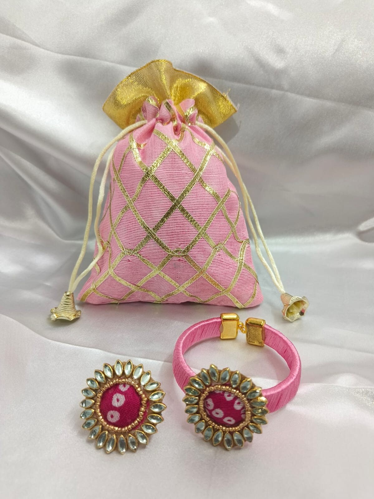 Elegant Wedding Return Gifts Combo: Fabric Potli Bag, Bracelet, & Ring ...