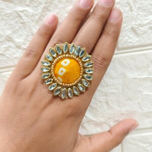 Bandhni Design Kundan Adjustable Finger Ring - Jaipuri Fabric Ring for ...