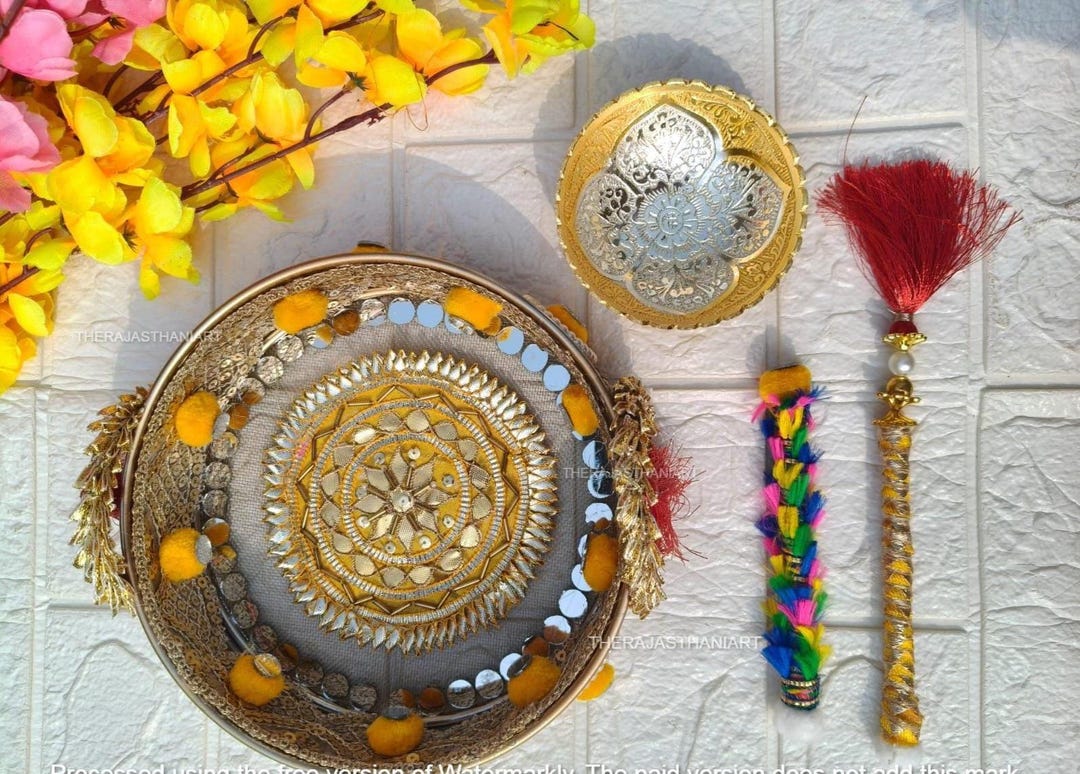 Handcrafted Yellow Haldi Thali Platter Set With Bowl & Applicator ...
