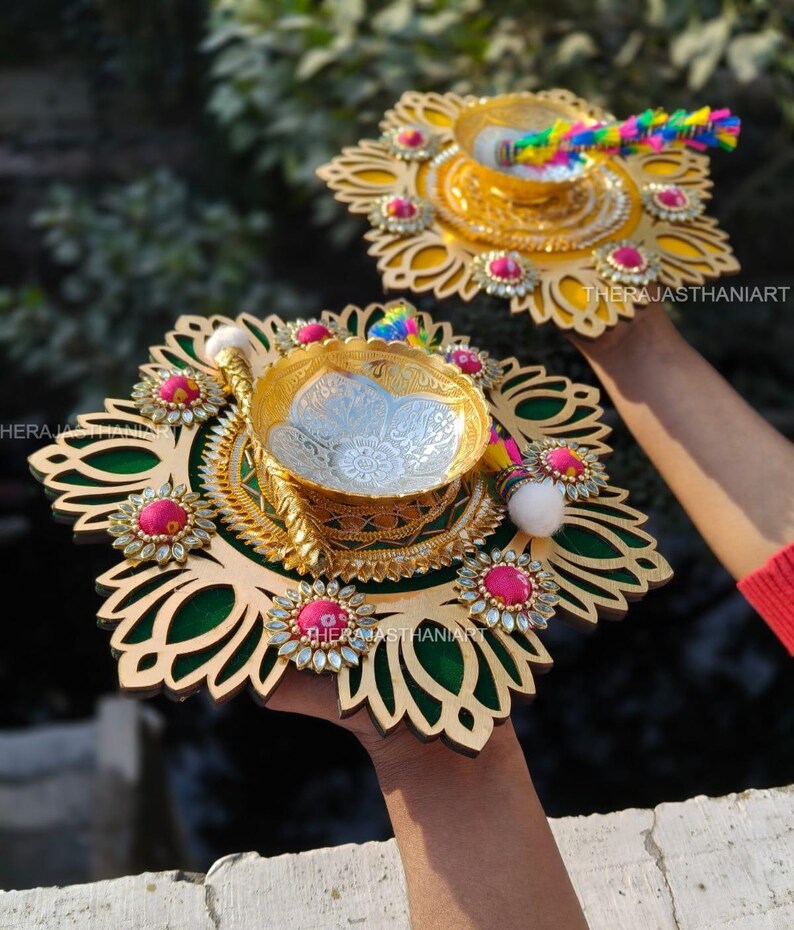 Combo of Haldi,mehndi Thali, MDF Wood Plate With Applicator, Pooja ...