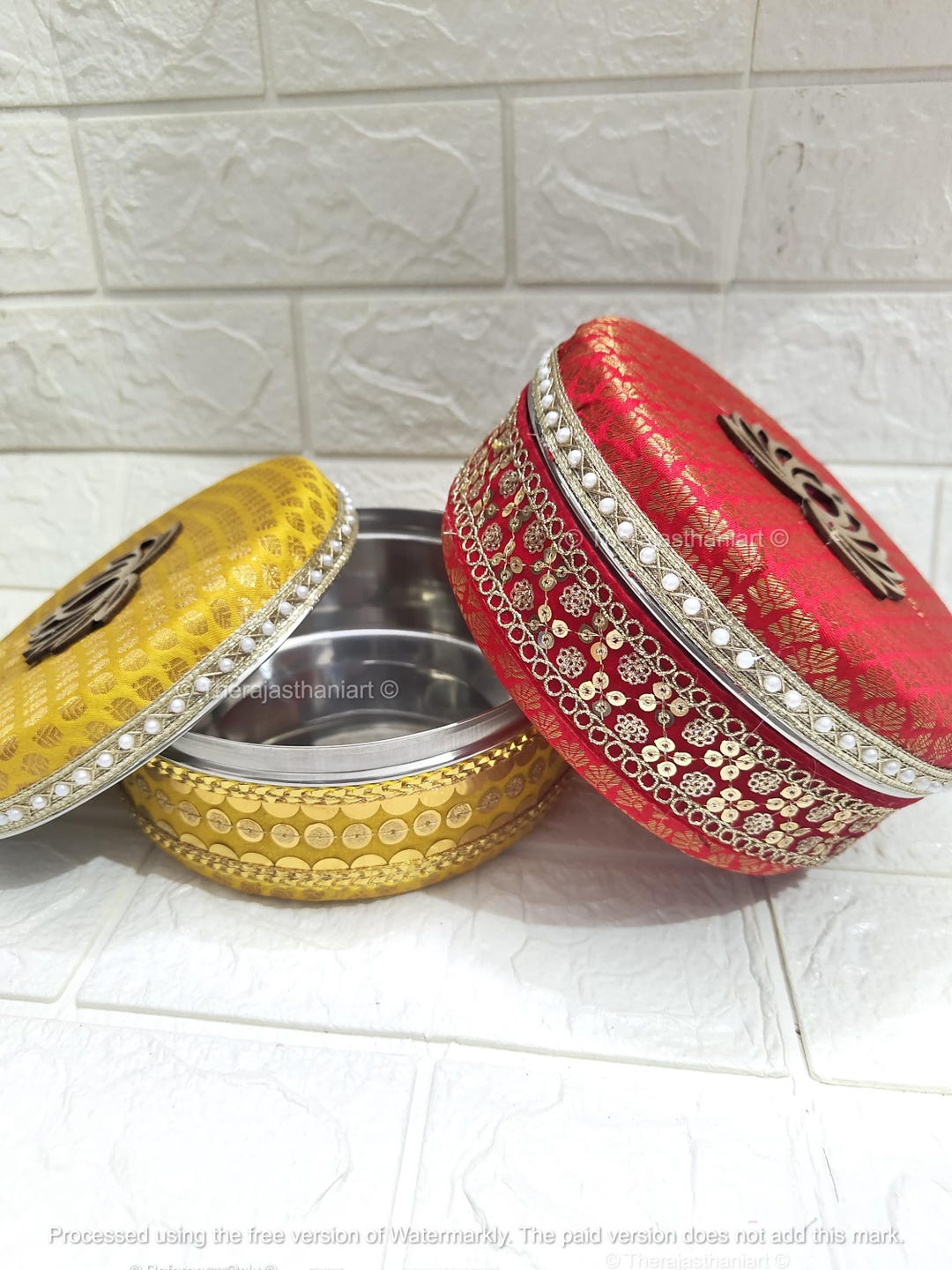 Decorative Brocade Steel Mithai Boxes | Indian Wedding Favors | Lotus Design Gift Tins | Laddoo ...