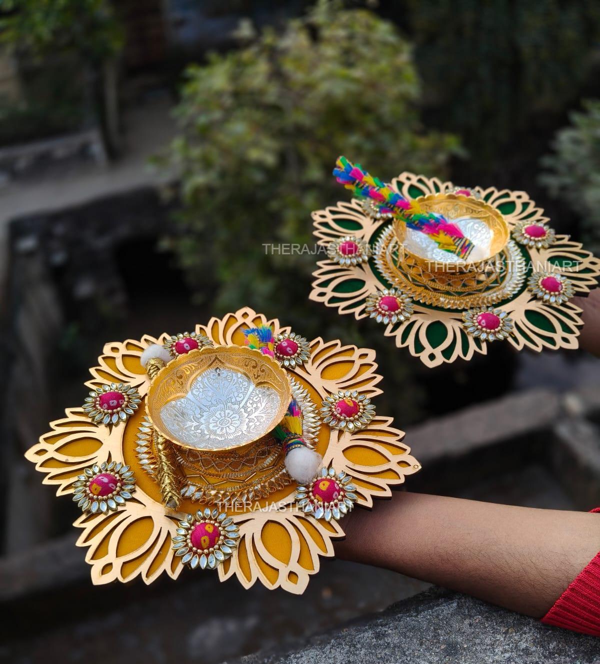Combo of Haldi,mehndi Thali, MDF Wood Plate With Applicator, Pooja ...