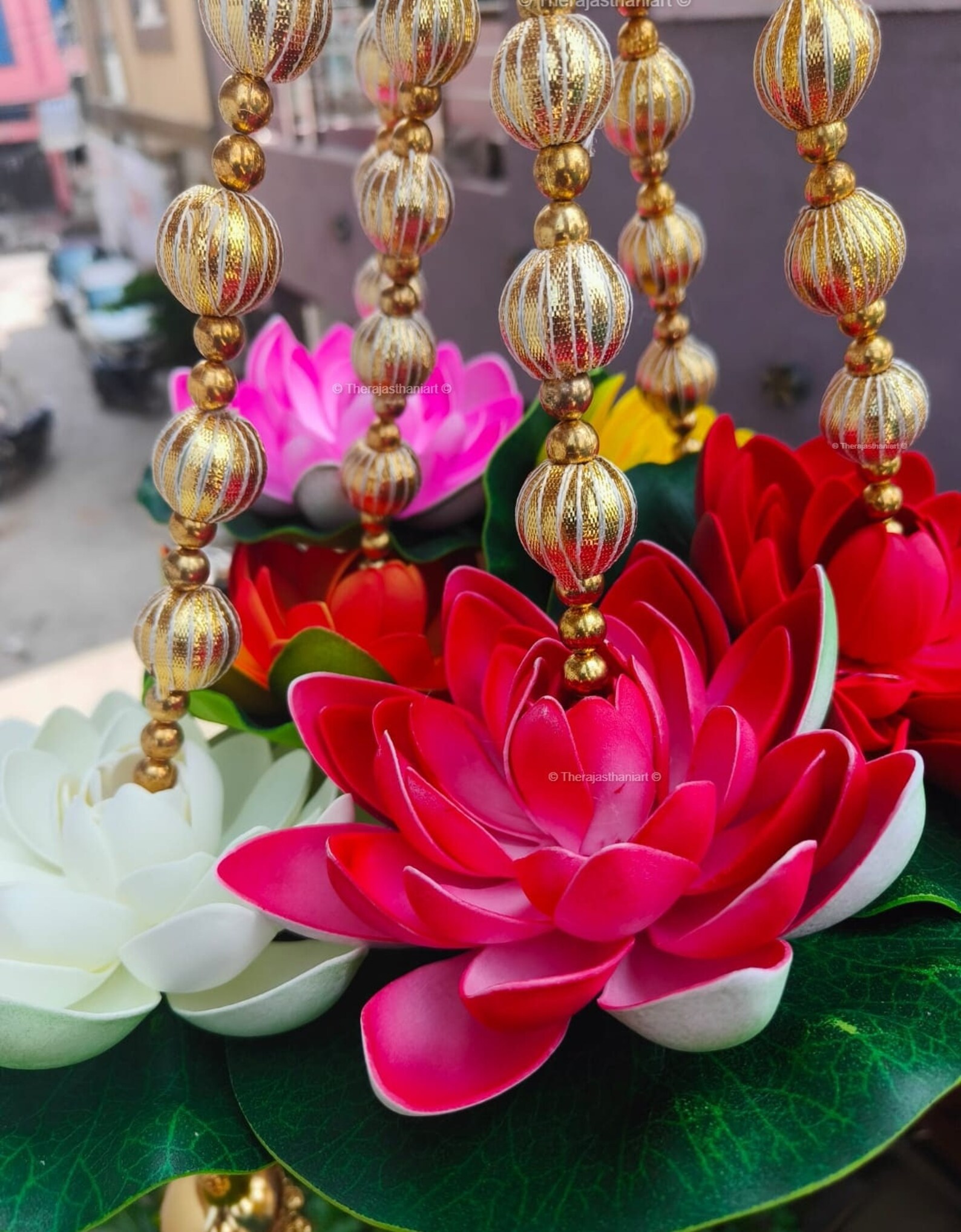 Handmade Foam Lotus & Gota Ball Jhumki- Elegant Hangings for Home Décor ...