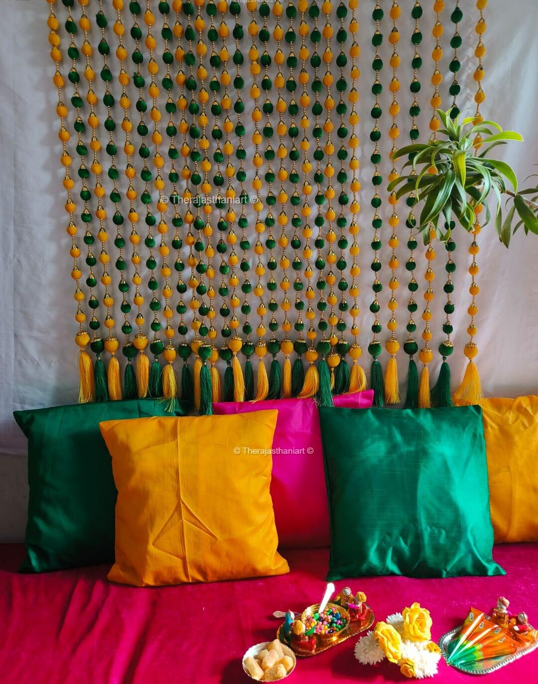Haldi/mehndi Backdrop Setup, Yellow, Green Velvet Backdrop Beads ...