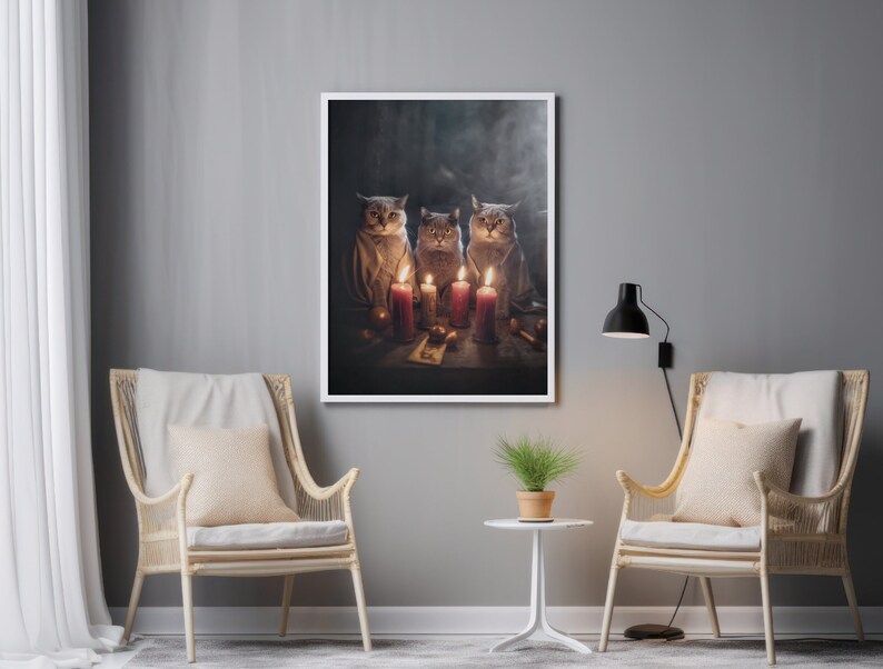Ominous Cat Ritual Poster Digital Print, It's Play Time, Human, 3 Cats ...