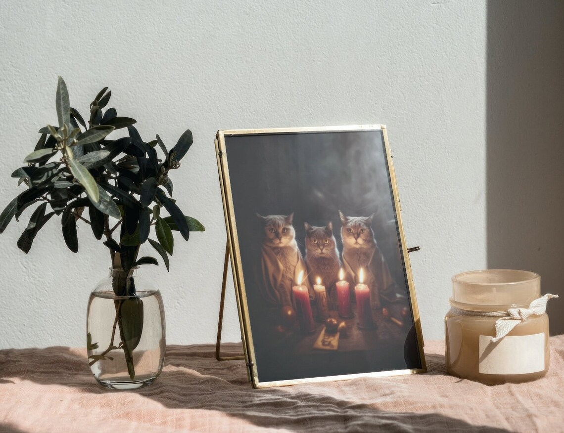 Ominous Cat Ritual Poster Digital Print, It's Play Time, Human, 3 Cats ...