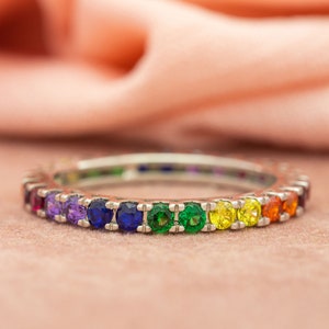 LGBTQ Pride Ring | Rainbow Sapphire Eternity Ring | Dainty Colorful ...