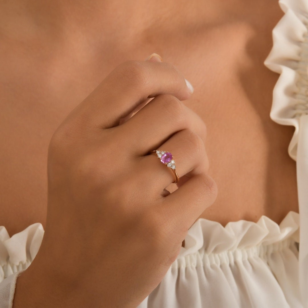 Pink Sapphire Engagement Ring, Oval Pink Sapphire Gold Ring for Women ...