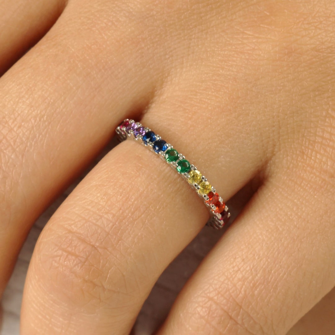 LGBTQ Pride Ring Rainbow Sapphire Eternity Ring Dainty Colorful Ring Rainbow Ring Colorful ...