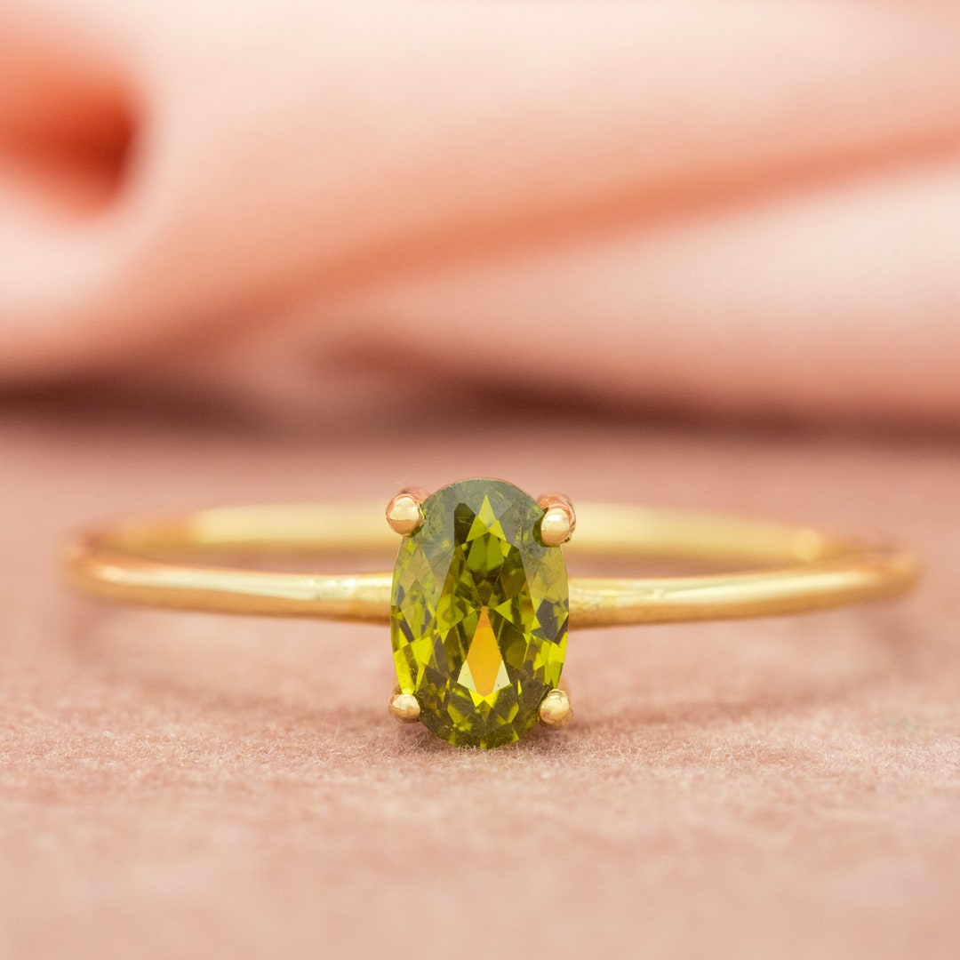 14K Solid Gold Peridot Ring, Oval Green Gemstone Solitaire Ring - Etsy