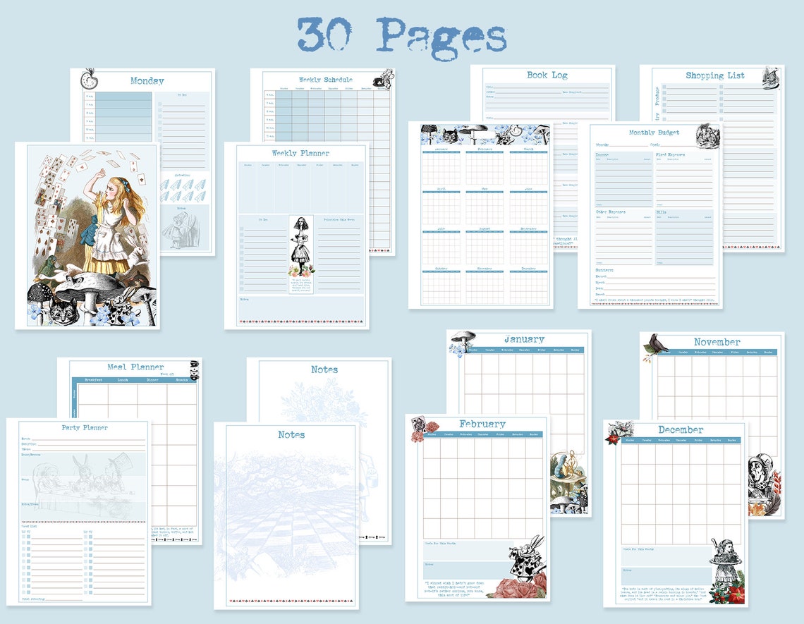Alice in Wonderland Planner Printable Monthly Schedule, Daily Schedule ...