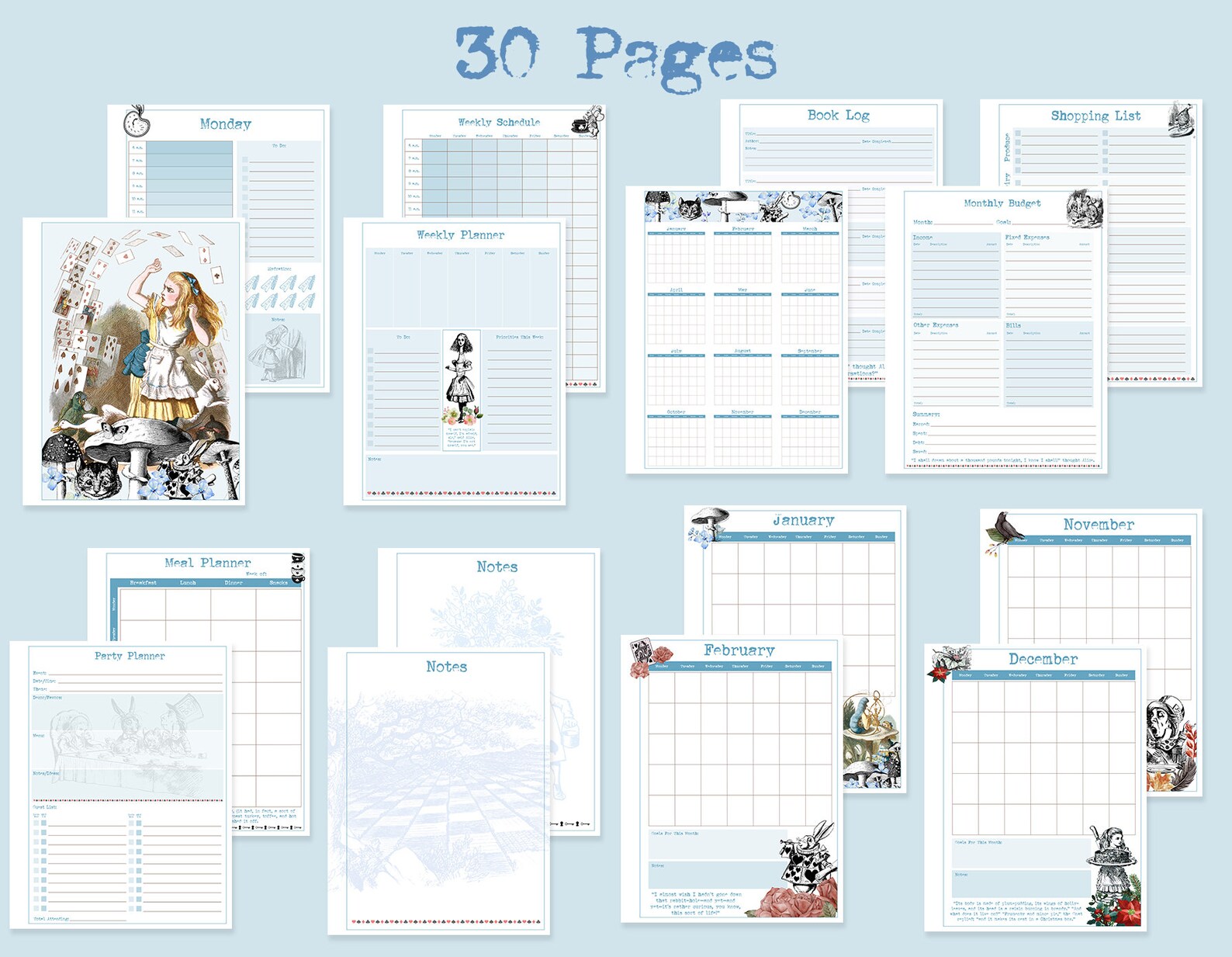 Alice in Wonderland Planner Printable - Monthly Schedule, Daily ...
