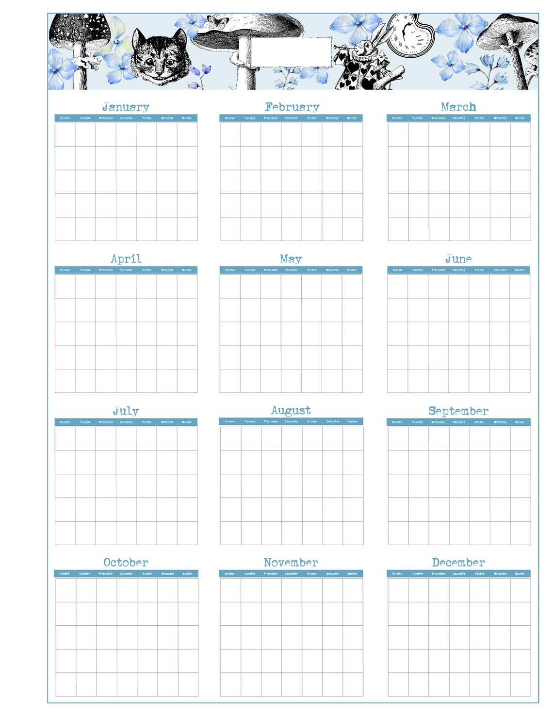 Alice in Wonderland Planner Printable Monthly Schedule, Daily Schedule ...