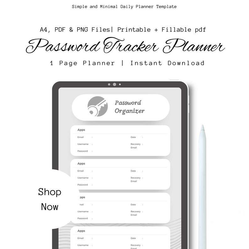 Password Tracker Printable & Fillable, Password Organizer, A4 Planner ...