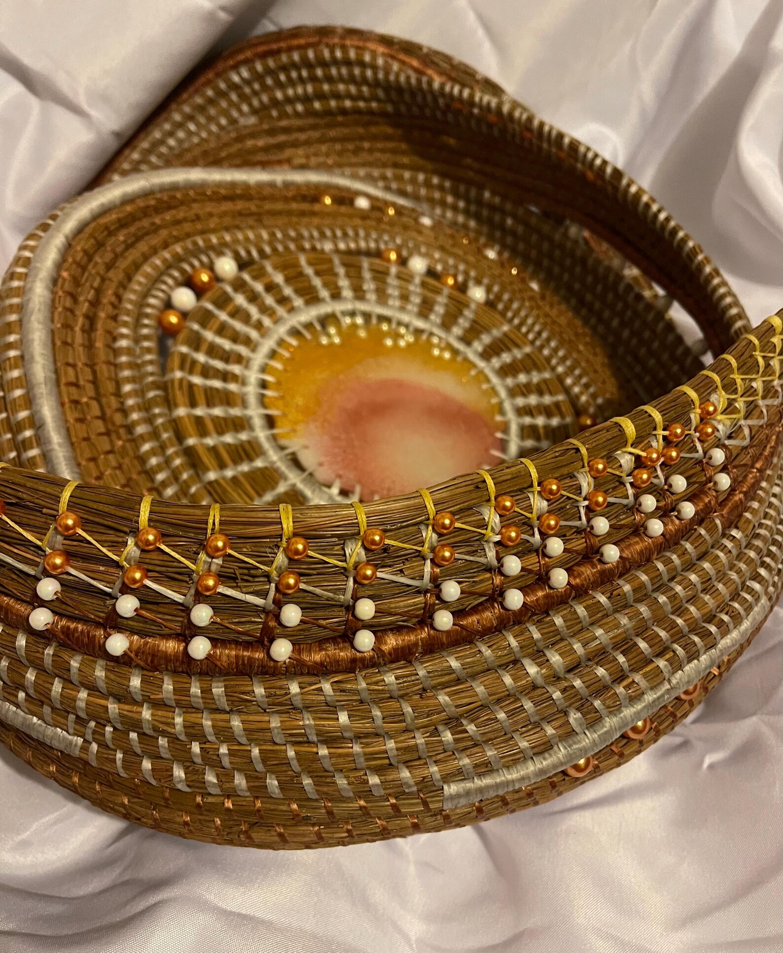 Pine Needle Sculptural Basket With Pearls (#2406) - Etsy