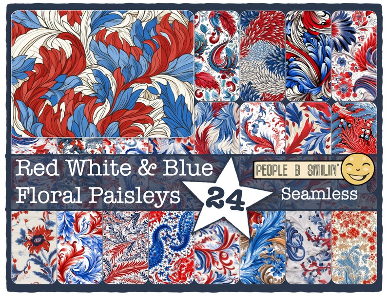 Red White & Blue Floral Paisley Seamless Paper Pattern Pack | 24 ...