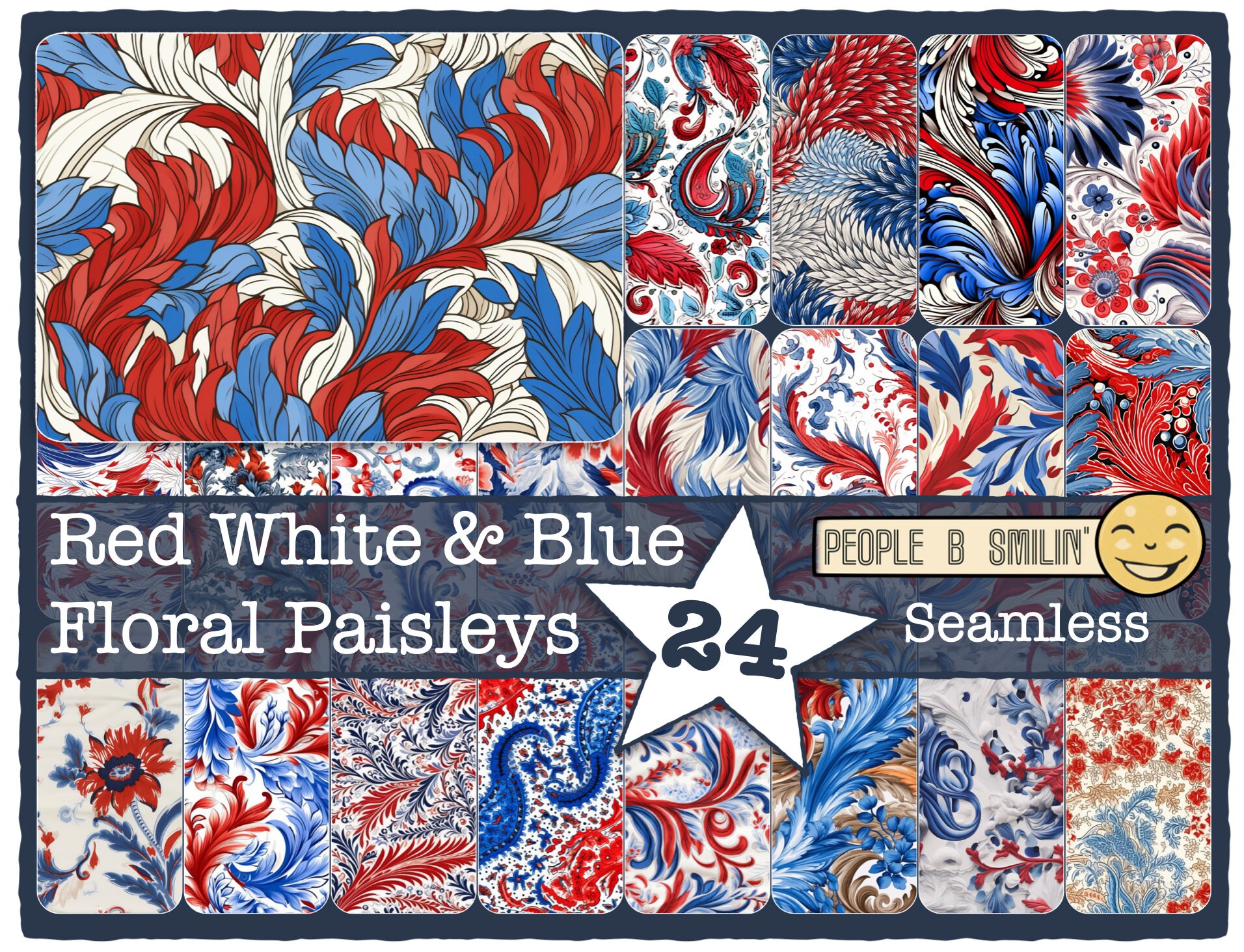Red White & Blue Floral Paisley Seamless Paper Pattern Pack | 24 ...