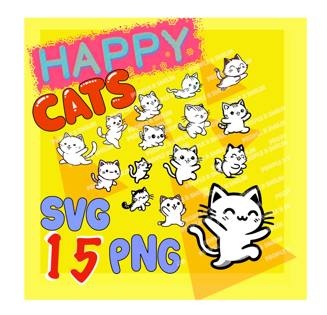 Cute Happy Cat SVG PNG Bundle | Funny Cat Graphic for POD | Joyful ...