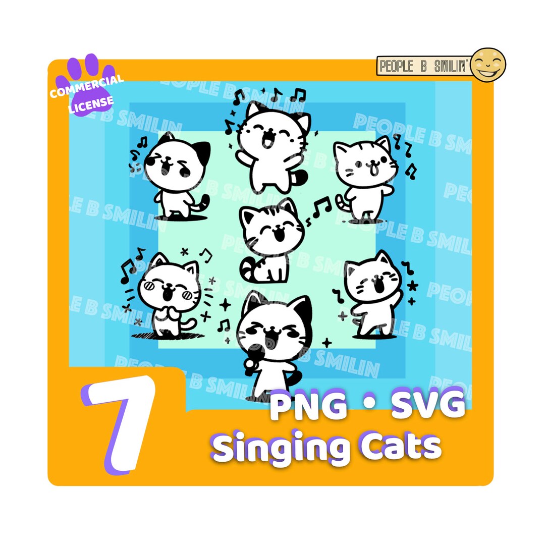 Cute Singing Cat SVG PNG Bundle | Fun Cat Graphic for POD | Cat Lover ...