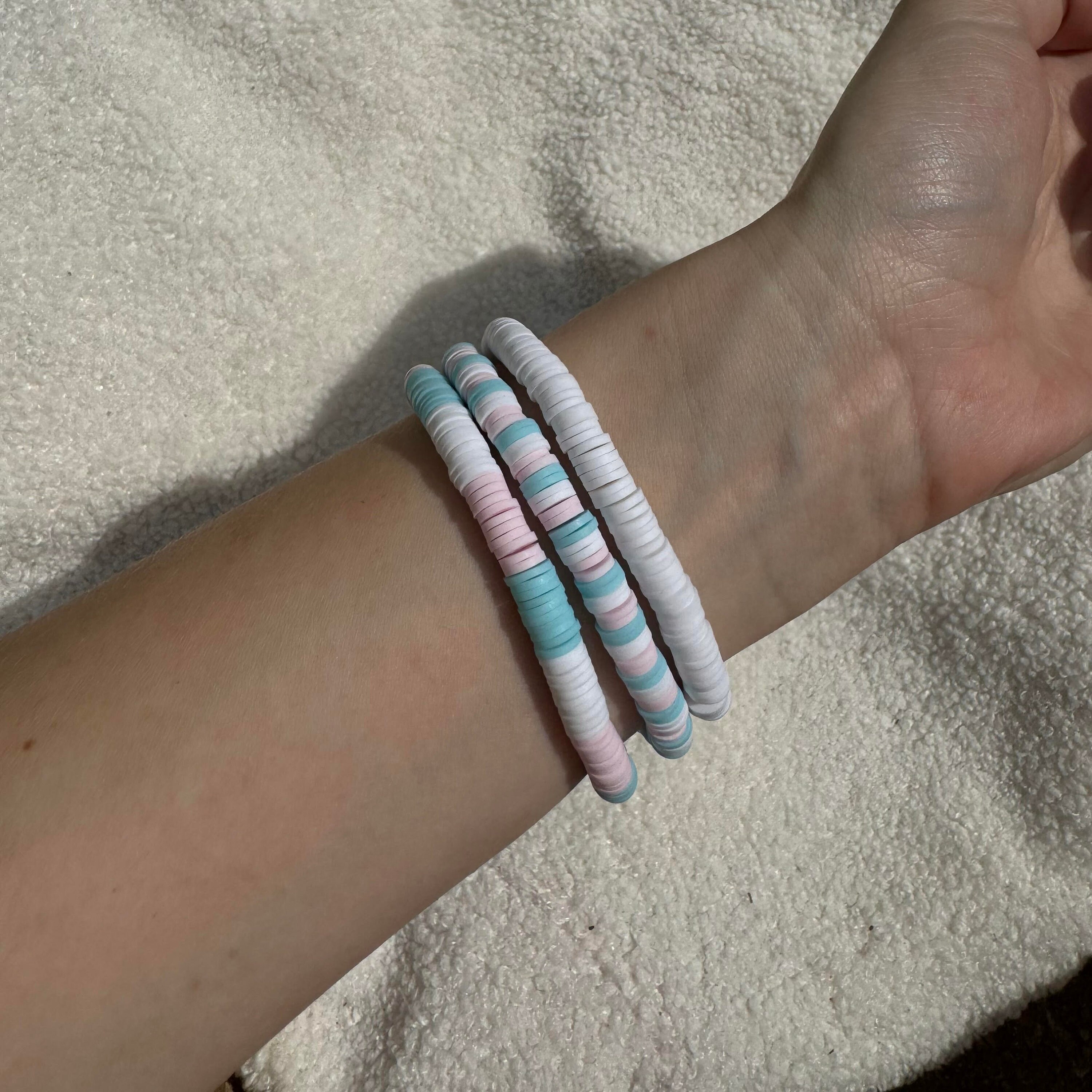 Pastel Blue, Pink and White Heishi Clay Bead Bracelet Trio| Heishi Bead ...