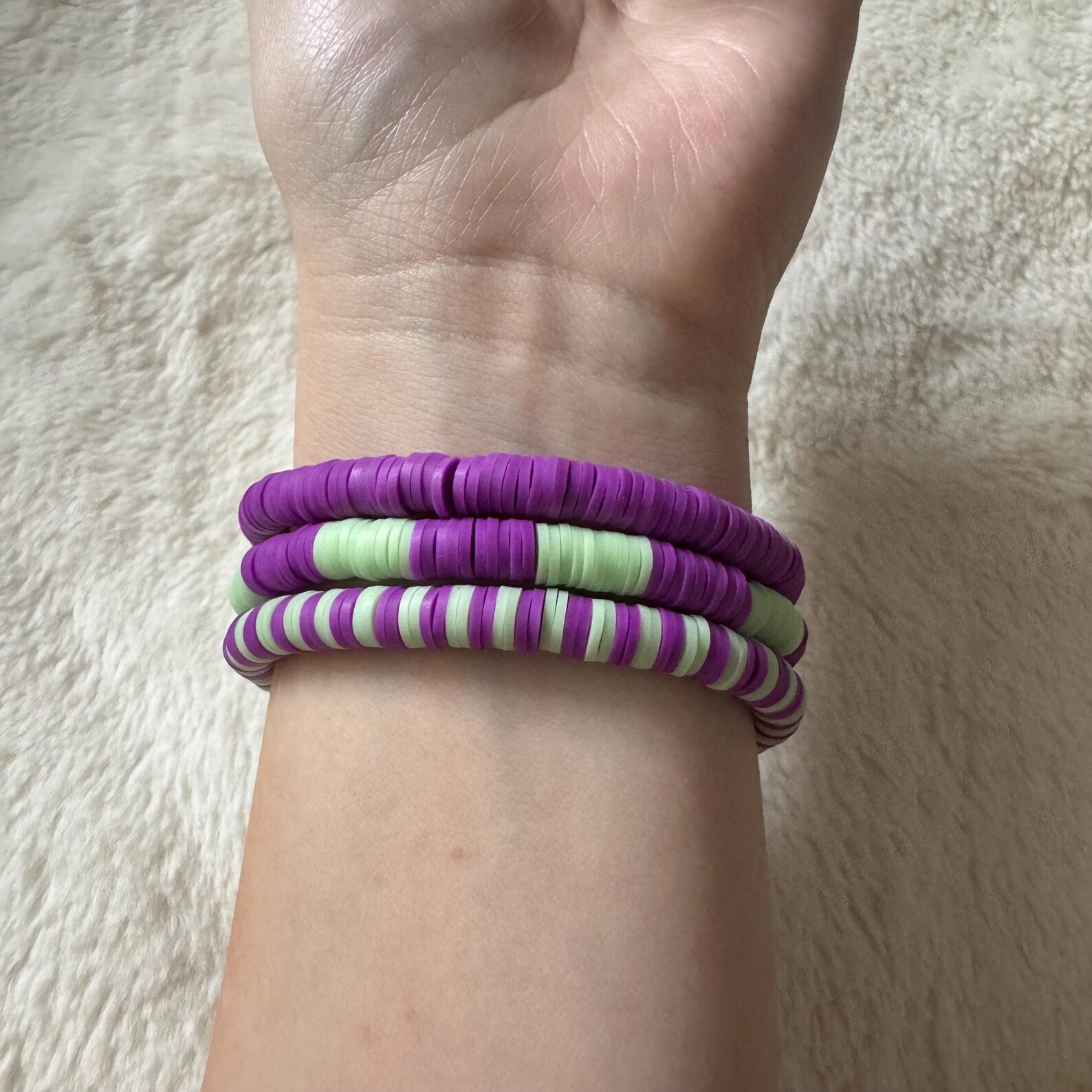 Purple and Light Green Heishi Clay Bead Bracelet Trio | Heishi Bead ...
