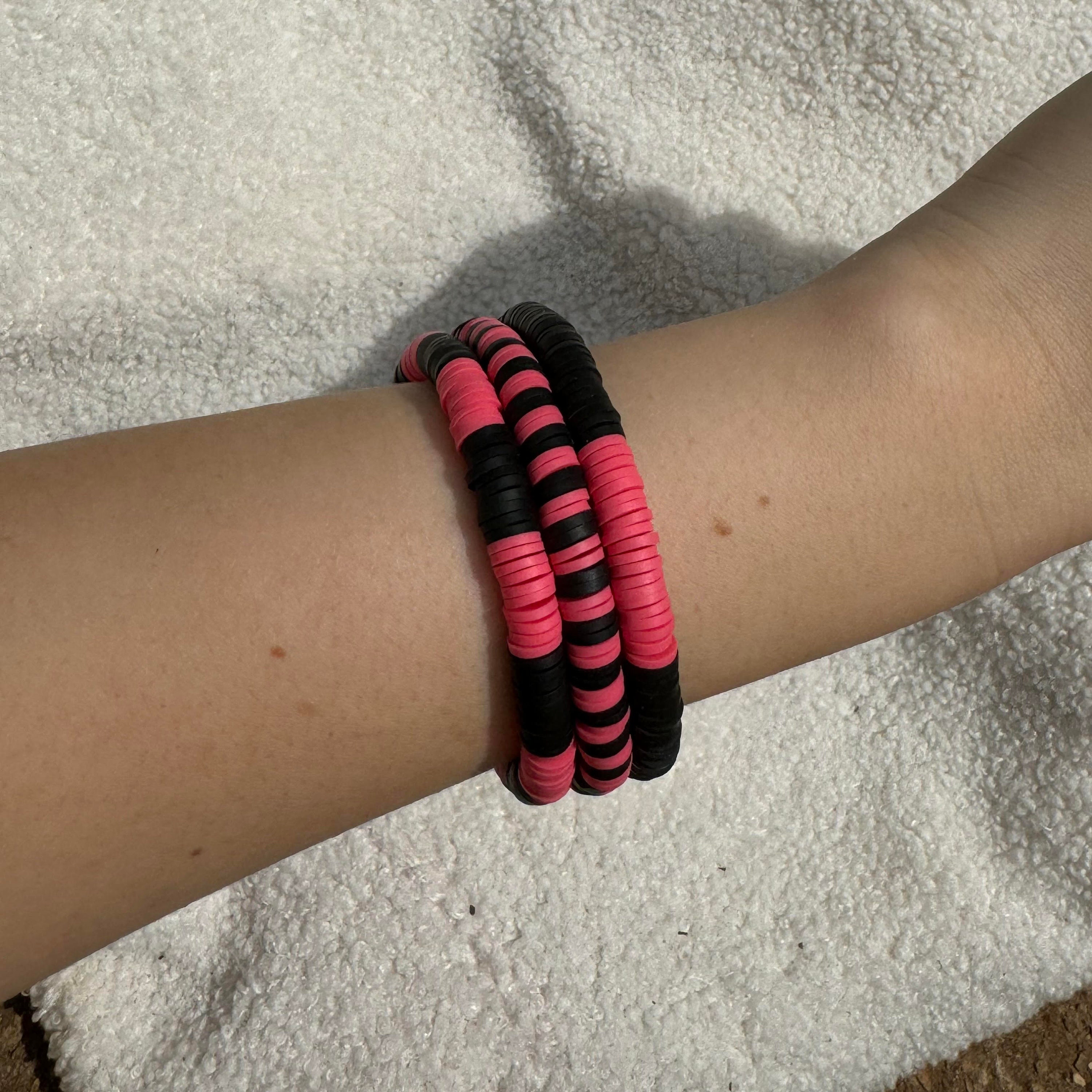 Pink and Black Heishi Clay Bead Bracelet Trio | Stackable - Etsy
