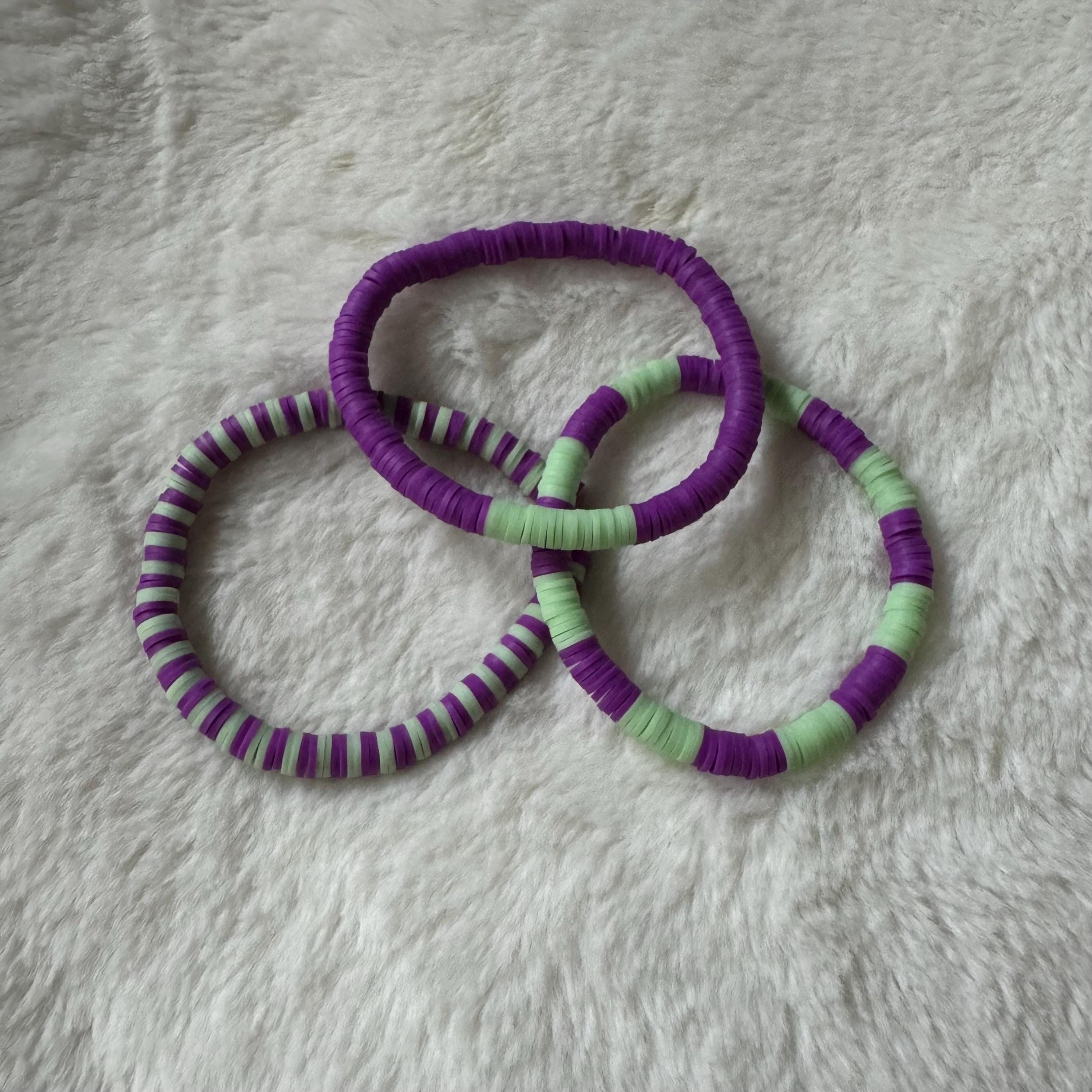 Purple and Light Green Heishi Clay Bead Bracelet Trio | Heishi Bead ...