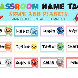 Classroom Name Tags Template Cute Planets | Printable | Elementary ...