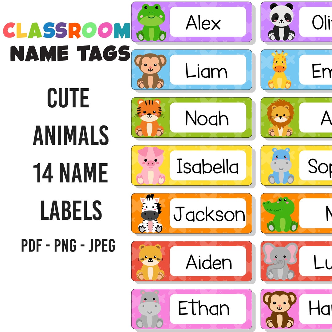 Classroom Name Tags Template Cute Animals Rainbow | Editable ...