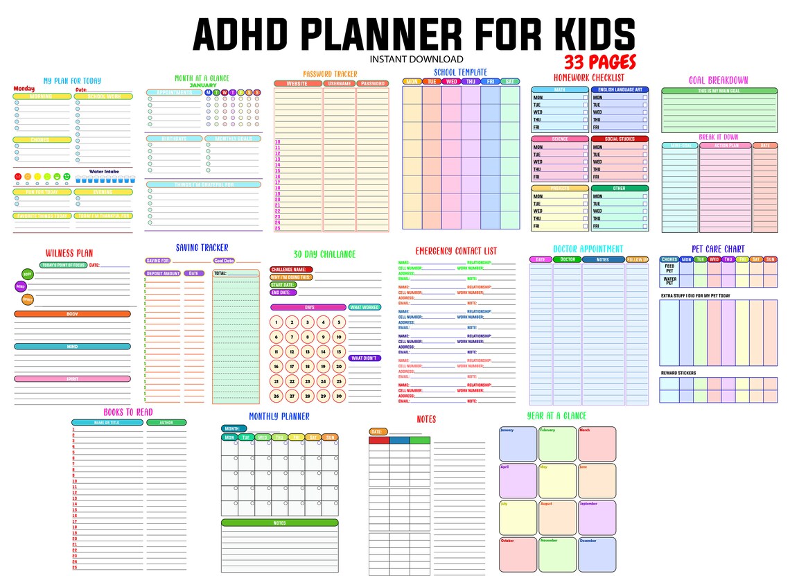 ADHD Planner for Kids, DHD Coping Skills Printable, Children ADHD ...