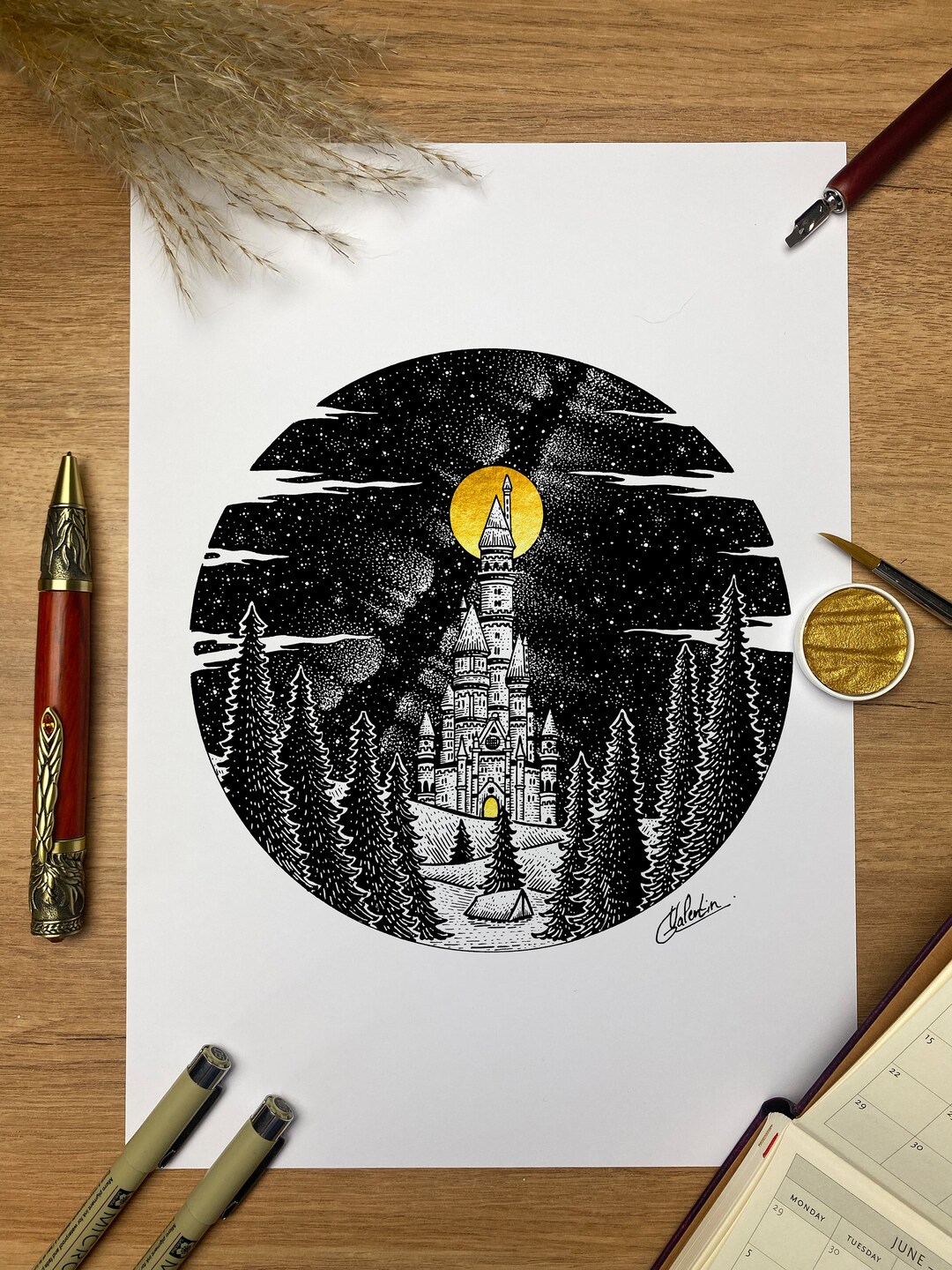 A4 Print : forest Castle, Handmade Ink Drawing, Limited Edition. - Etsy