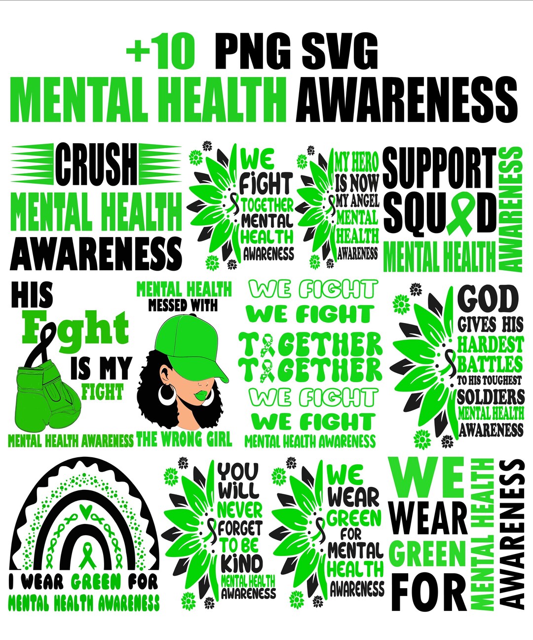 Mental Health Awareness Bundle: Green Ribbon SVG PNG (digital Download ...