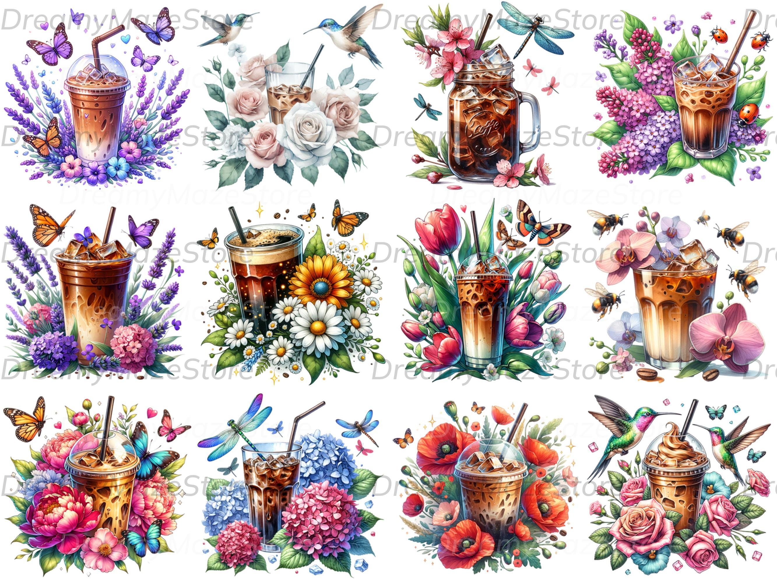 12 Iced Coffee and Flowers Clipart Set | Watercolor Floral Digital ...