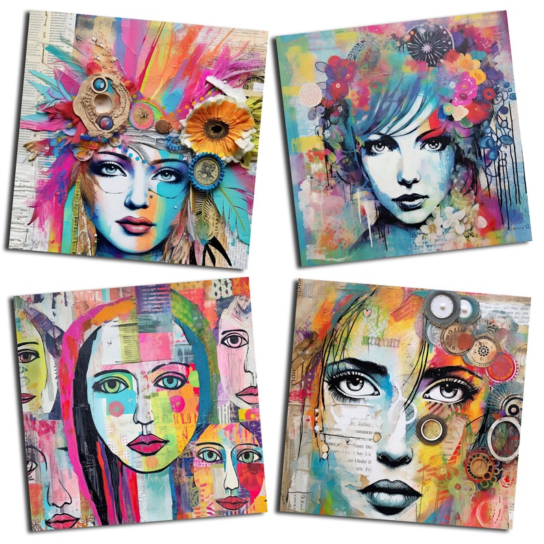 Mixed Media Faces Digital Paper Pack - Etsy UK