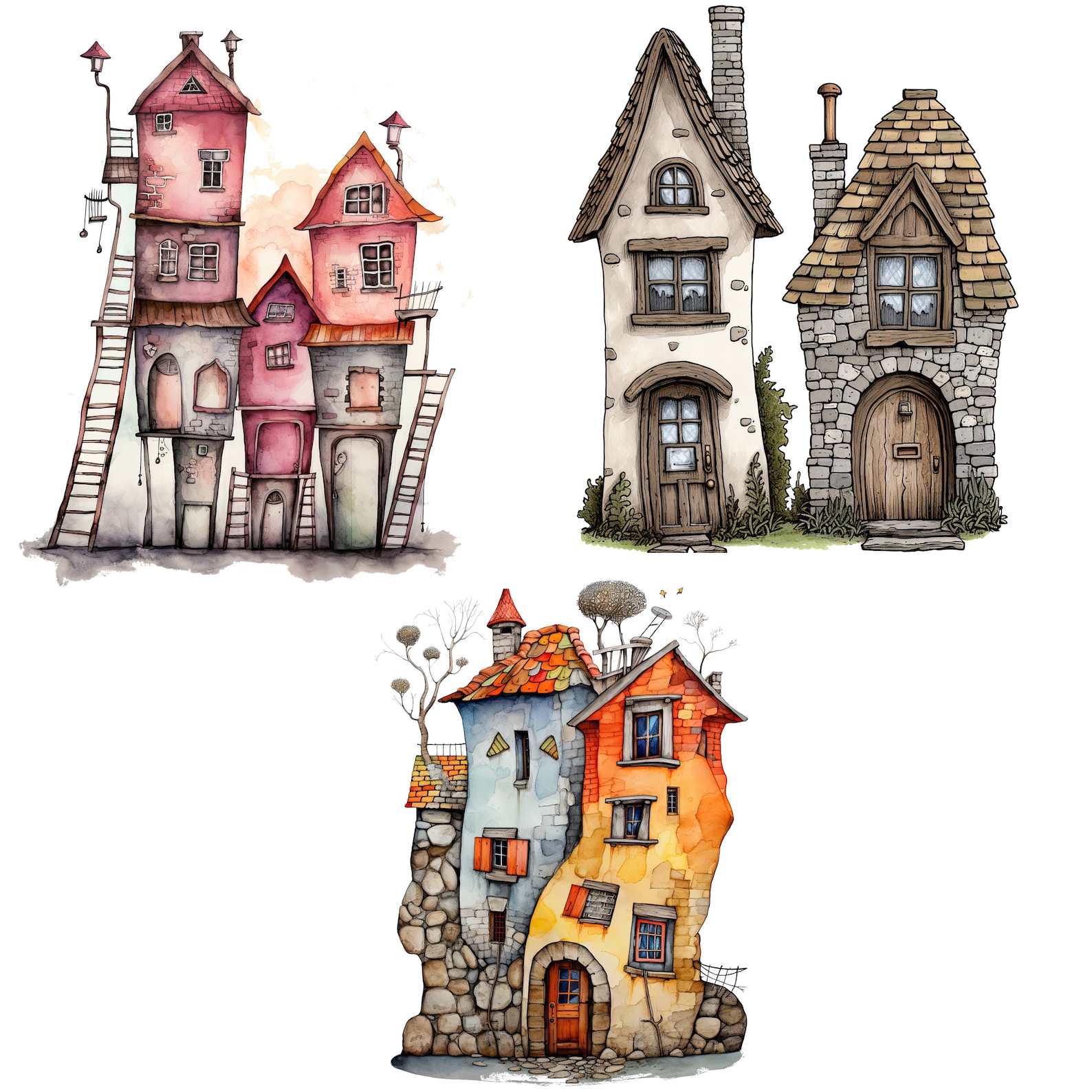 Watercolour Whimsy Houses Digital Paper Pack - Etsy
