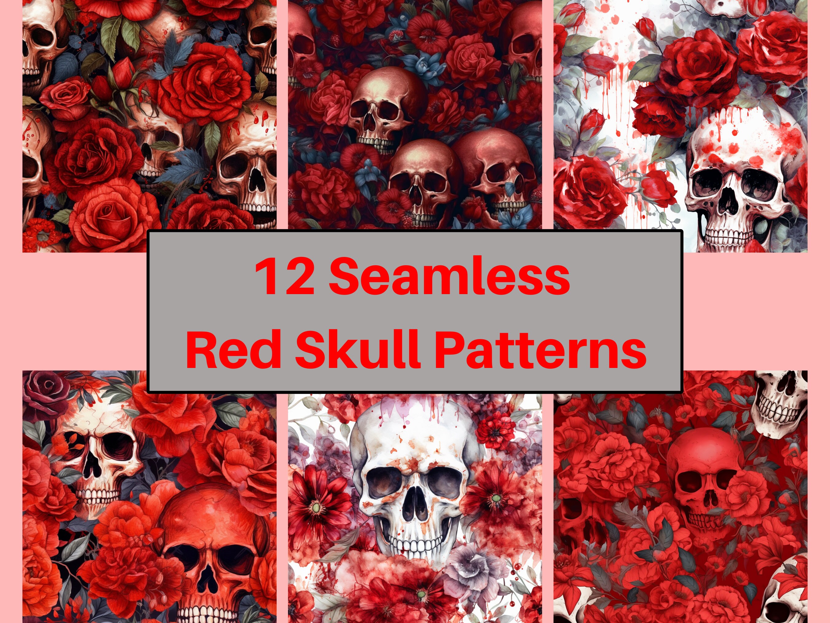Red Skull Seamless Pattern Bundle, Watercolor, Digital Paper, Occult ...