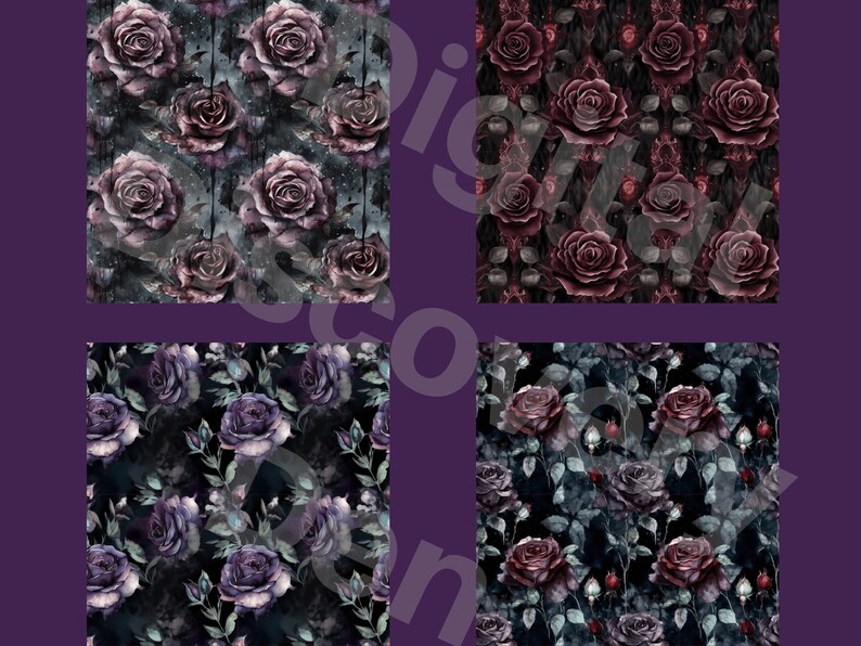 Dark Black Roses Seamless Digital Pattern, Bundle, Floral Depictions, Gothic, Repeat Pattern ...