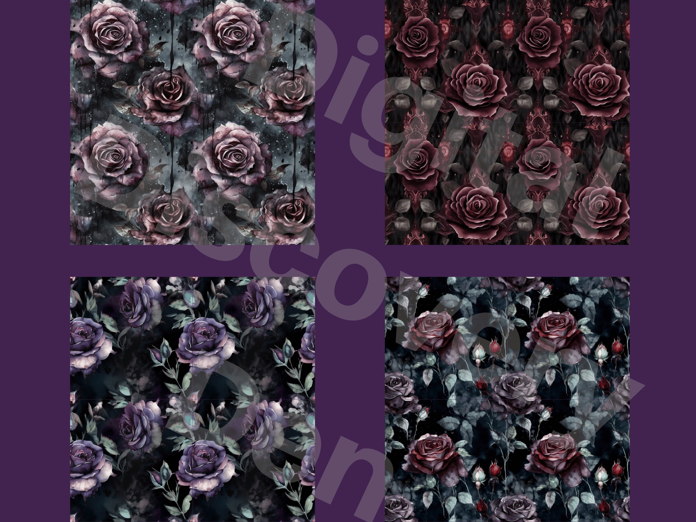 Dark Black Roses Seamless Digital Pattern, Bundle, Floral Depictions ...