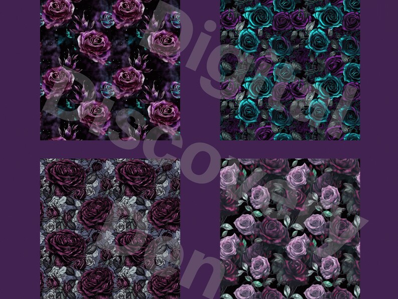 Dark Black Roses Seamless Digital Pattern, Bundle, Floral Depictions, Gothic, Repeat Pattern ...
