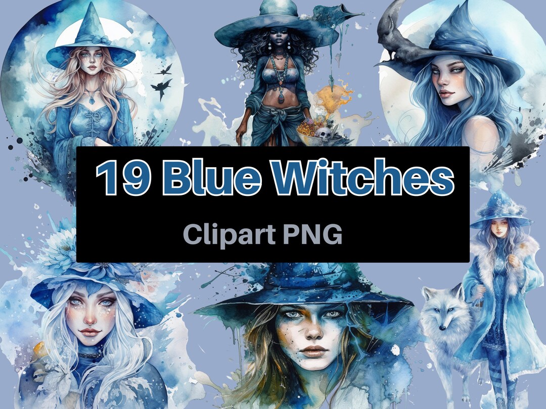 Blue Witch Watercolor Clipart Bundle, Pagan Witch Occult PNG, Magic ...