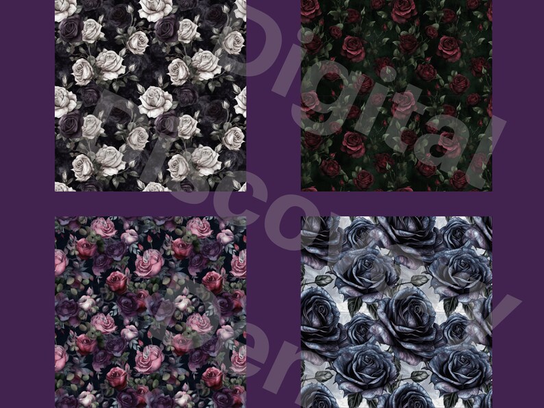 Dark Black Roses Seamless Digital Pattern, Bundle, Floral Depictions, Gothic, Repeat Pattern ...