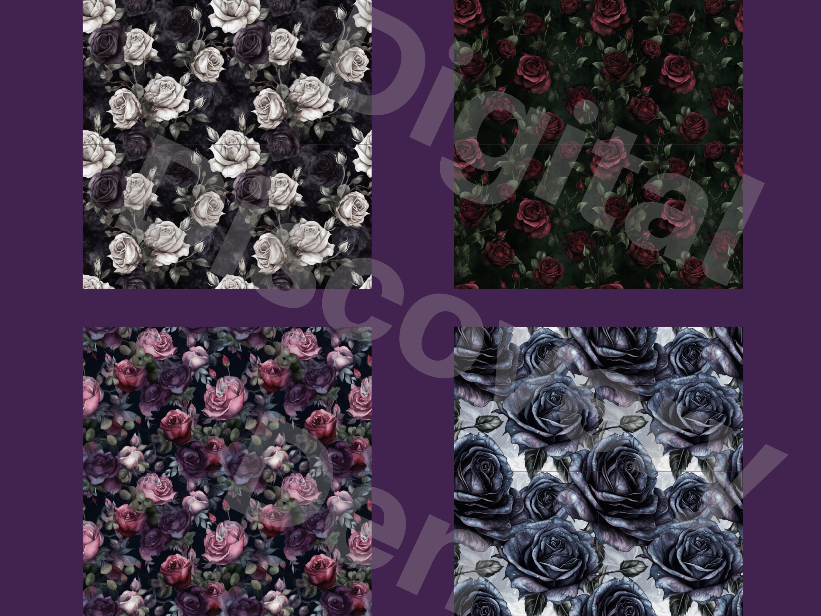 Dark Black Roses Seamless Digital Pattern, Bundle, Floral Depictions ...