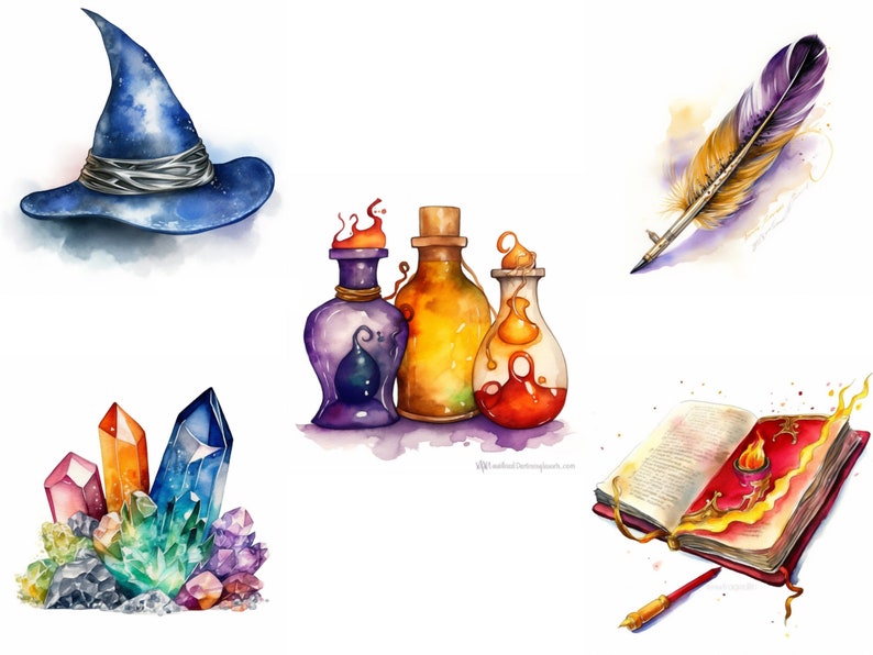 Wizards Items Watercolor Clipart Bundle Witch Clipart - Etsy