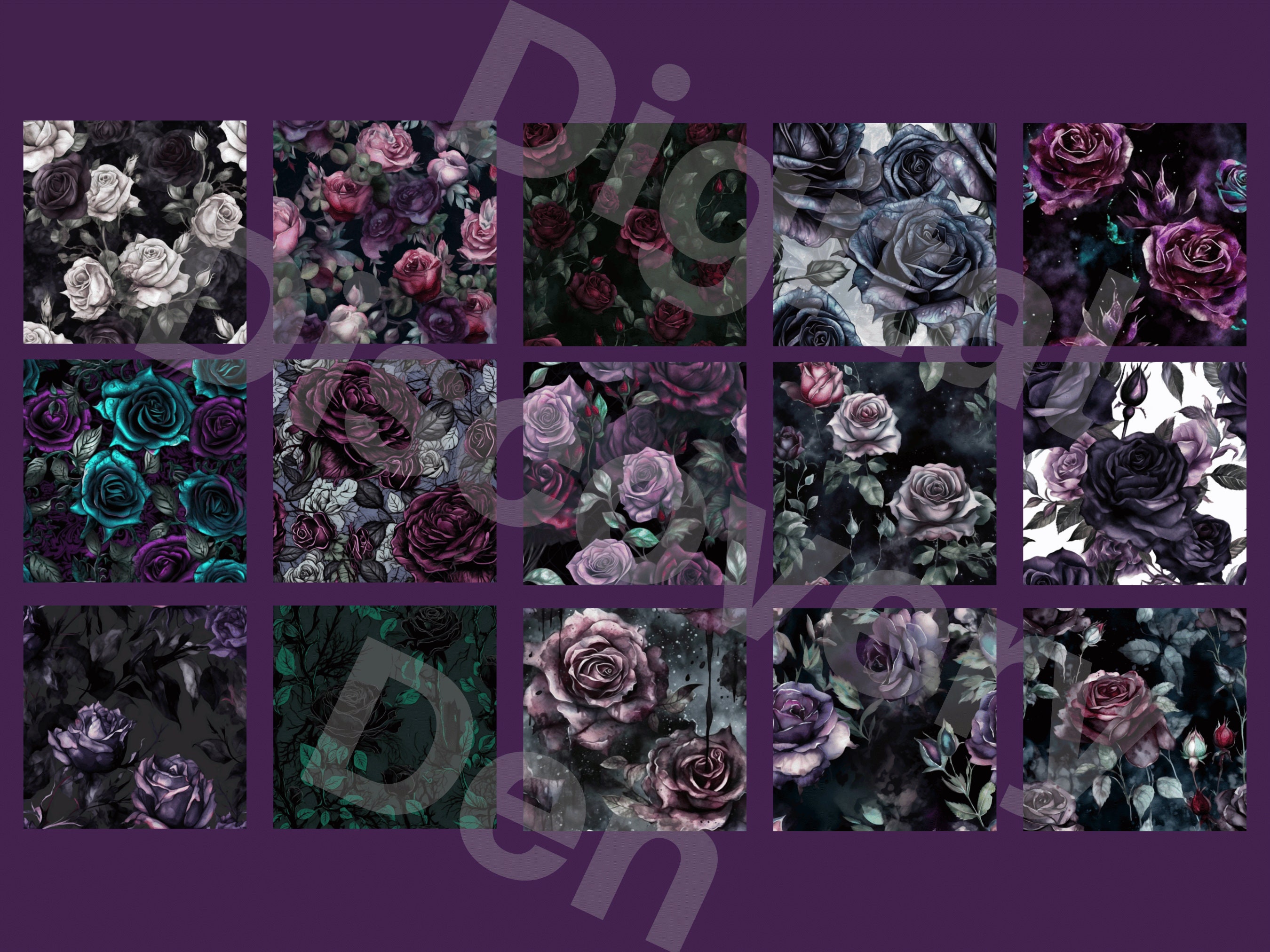 Dark Black Roses Seamless Digital Pattern, Bundle, Floral Depictions ...