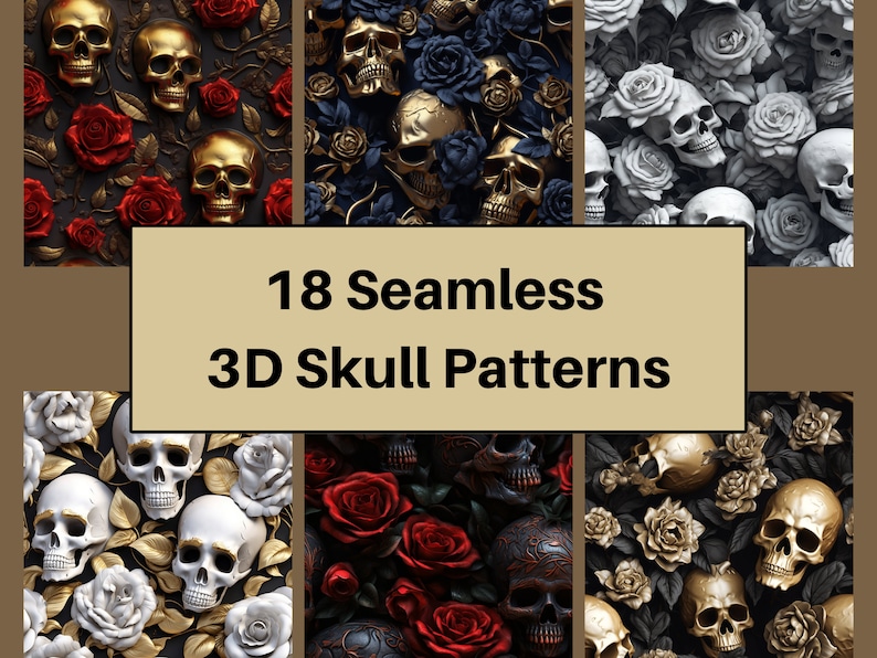 3D Skulls Seamless Pattern Bundle, Watercolor, Digital Paper, Occult ...